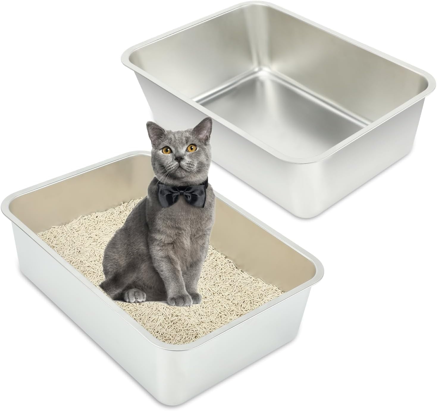 2Packs Stainless Steel Litter Box Metal Litter Box for Cats High Back ...