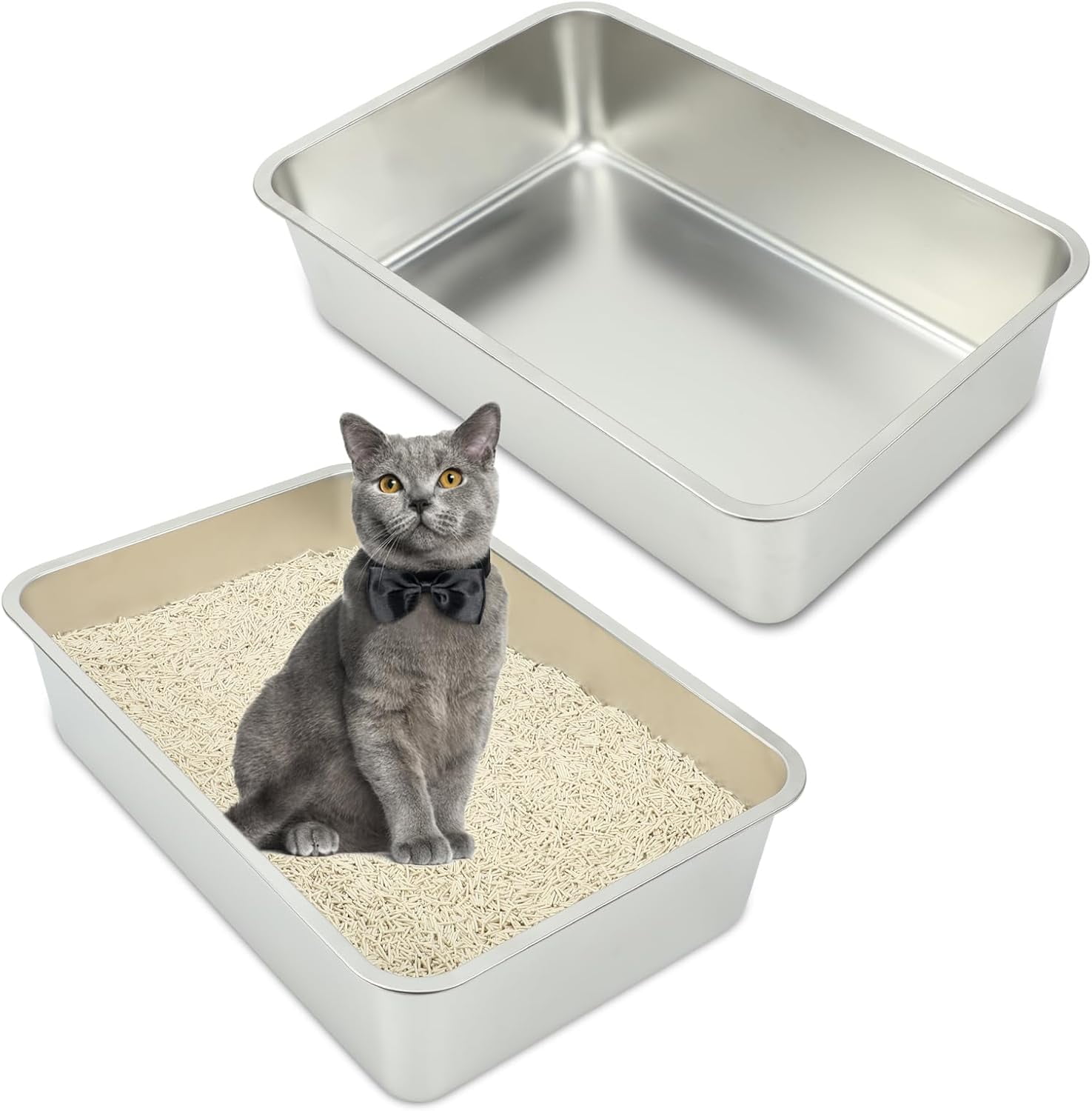 2Packs Stainless Steel Litter Box Metal Litter Box for Cats High Back ...