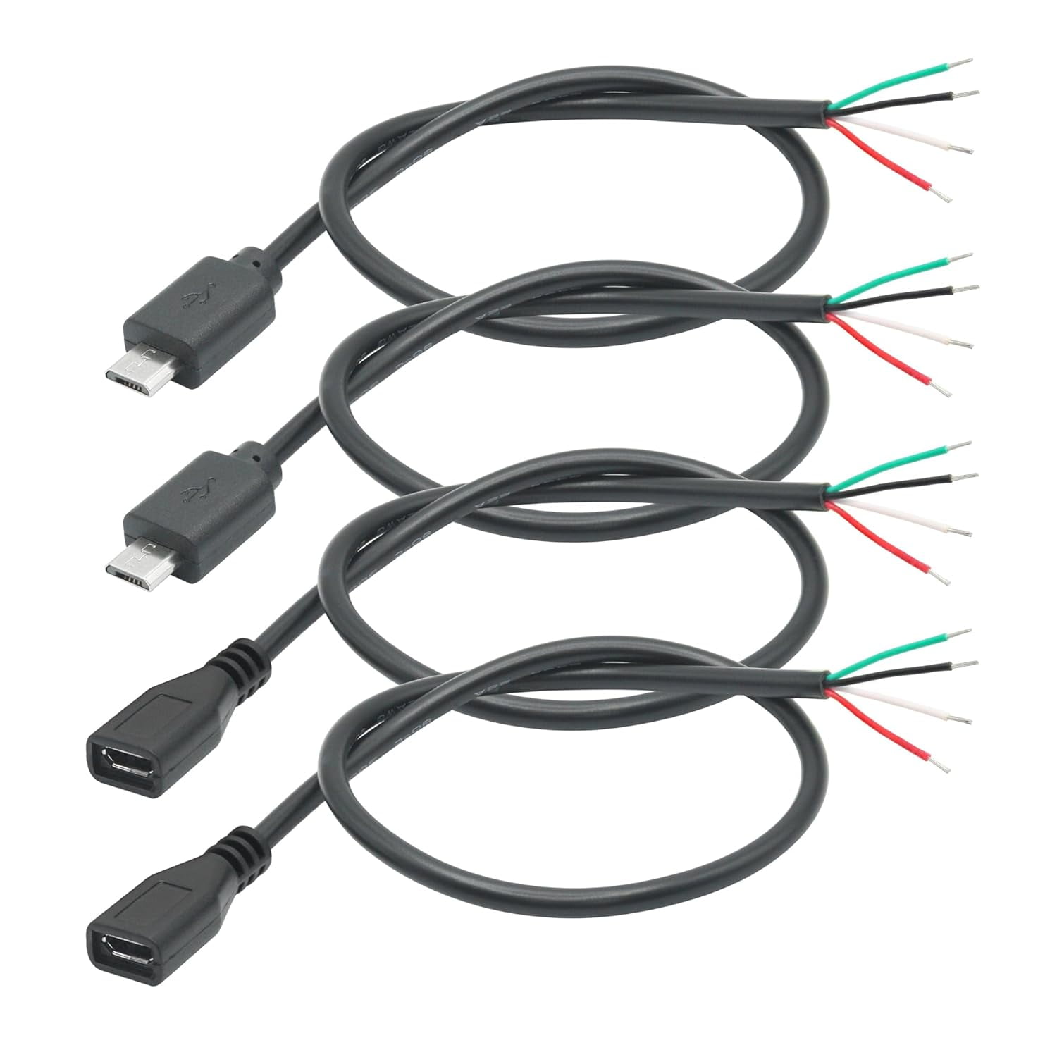 2Pair Short Micro USB 4 Pin Bare Wire 11inch, 5V/2A Micro USB Male & Female 4 Pin Pigtail Open ...