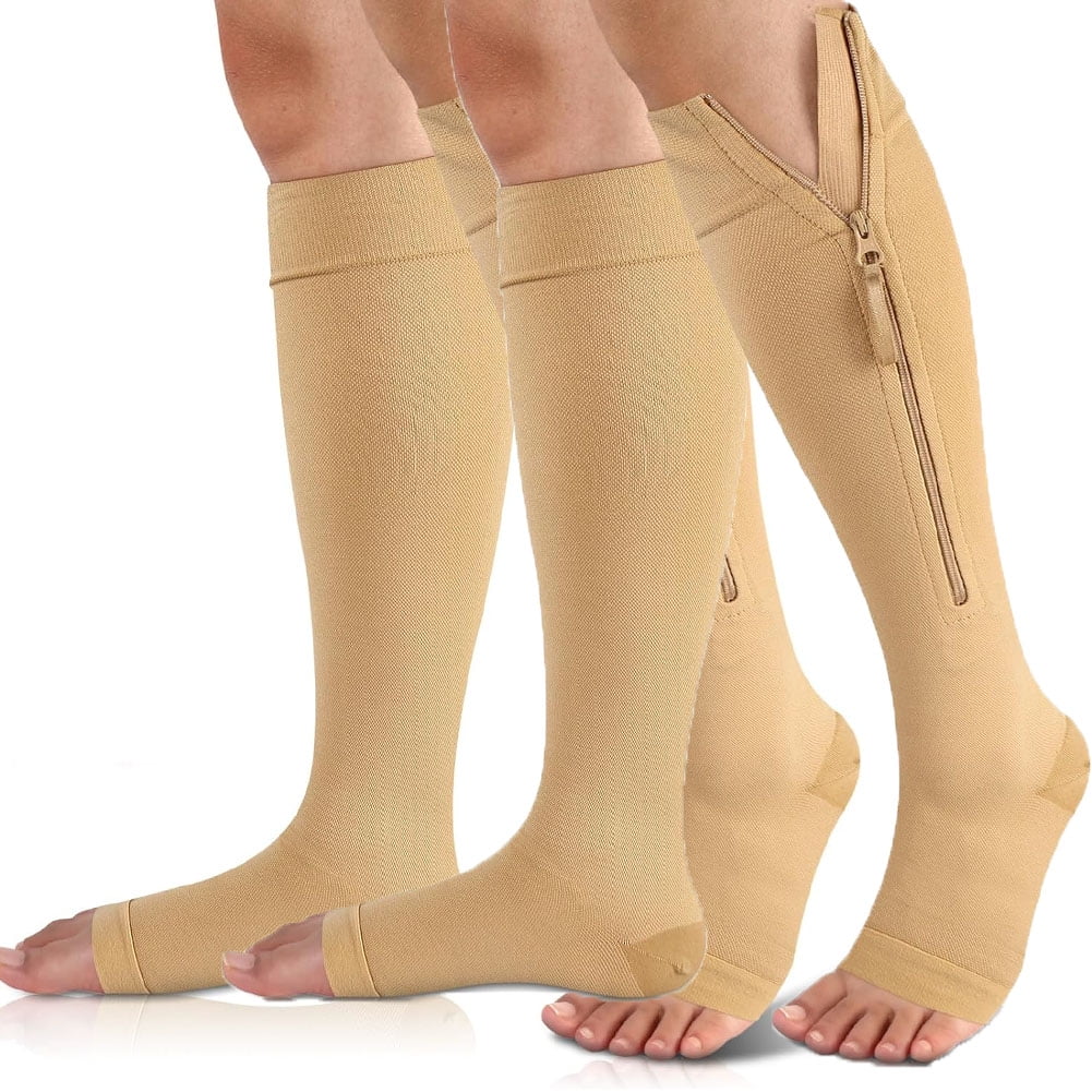 2Pairs 15-20mmHg Zipper Compression Socks for Women and Men, Knee High ...