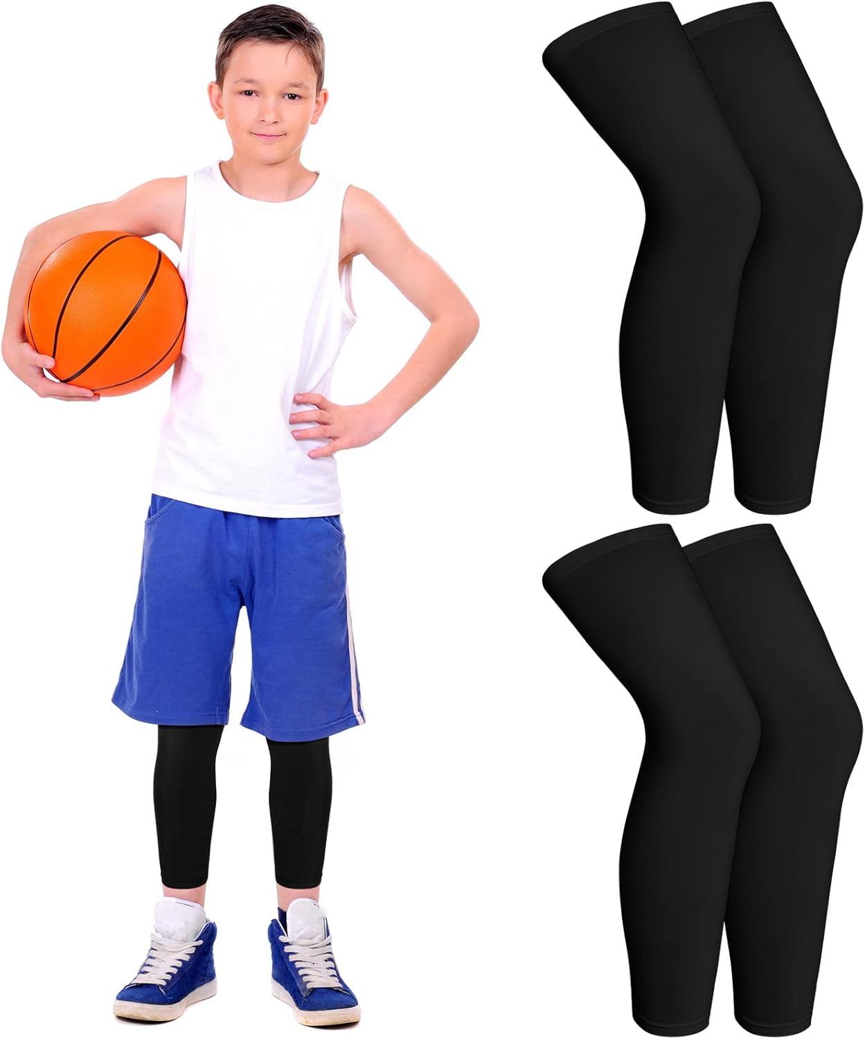 2Pairs Kids Long Compression Leg Sleeves Non Slip UV Protection Thigh ...