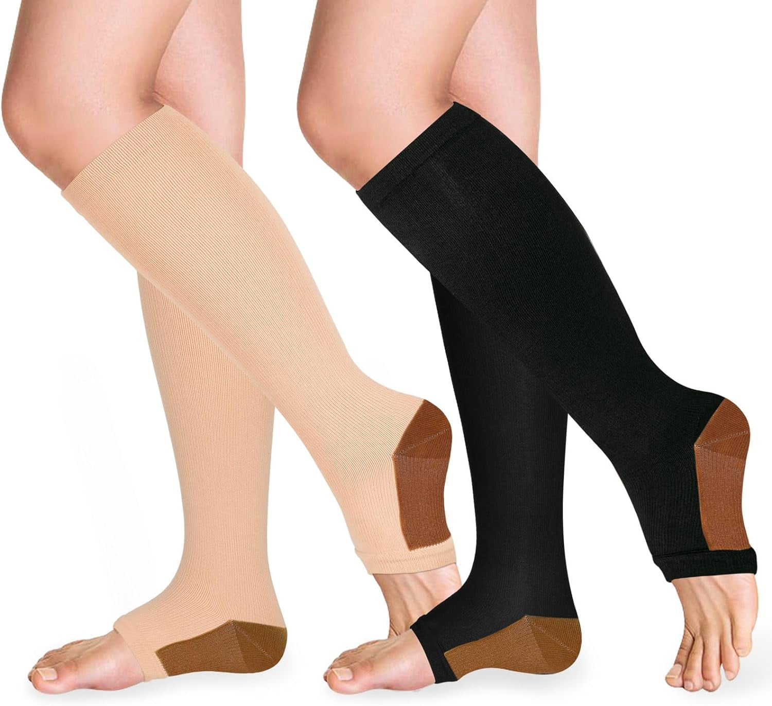 2Pairs Open Toe Compression Socks 15-20 mmHg for Women and Men Knee ...
