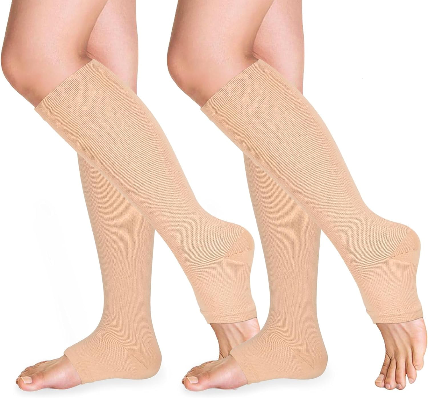 2Pairs Open Toe Compression Socks 15-20 mmHg for Women and Men Knee ...