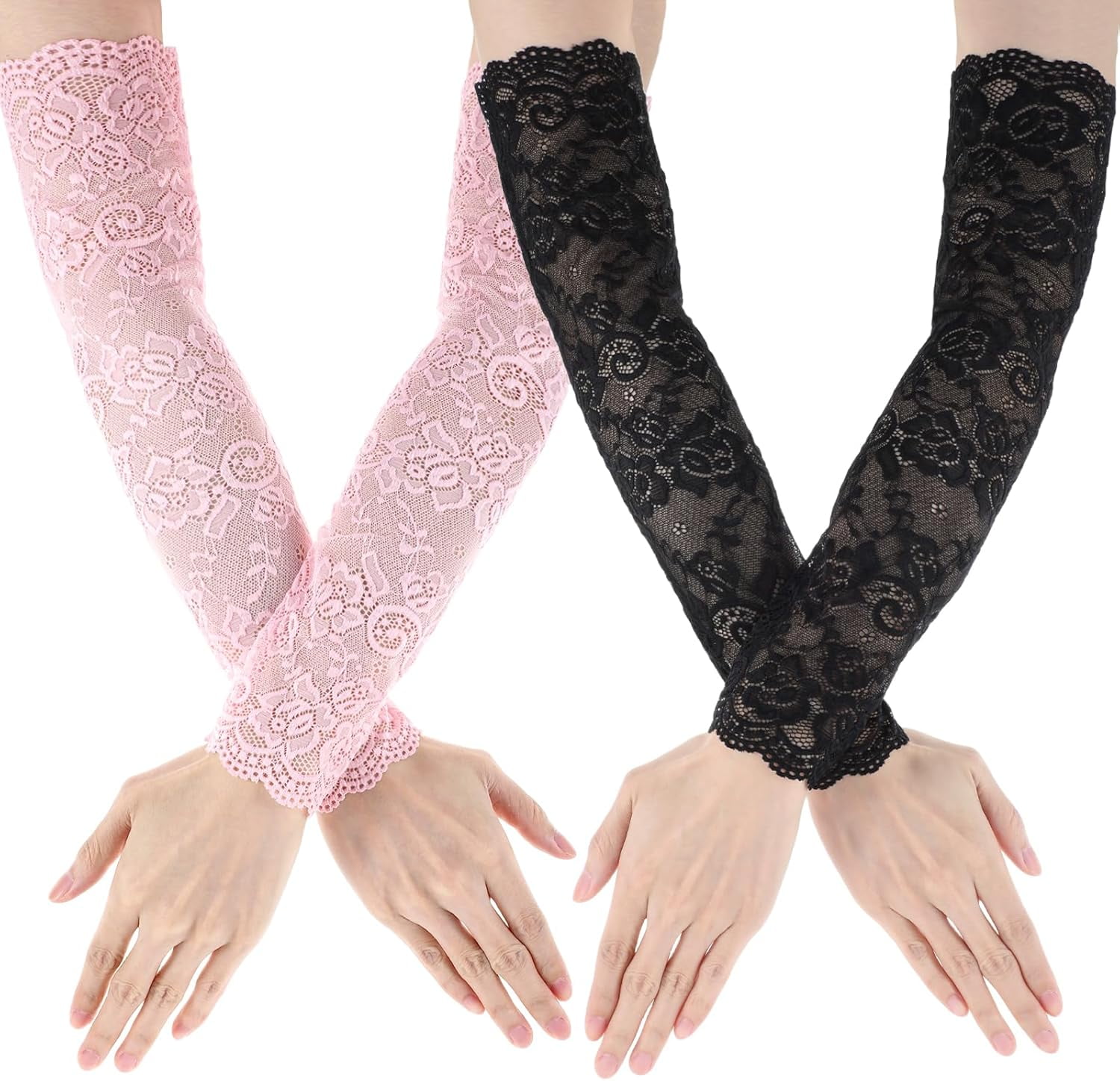 2Pairs Women Lace Arm Sleeves, Long Fingerless Sun UV Protection ...