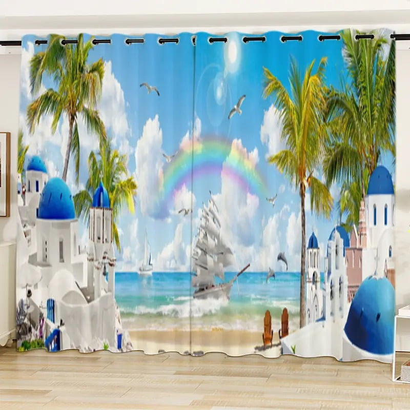 2Panel Blue Sea Curtain Sea Window View Printed Curtain for Bedroom ...