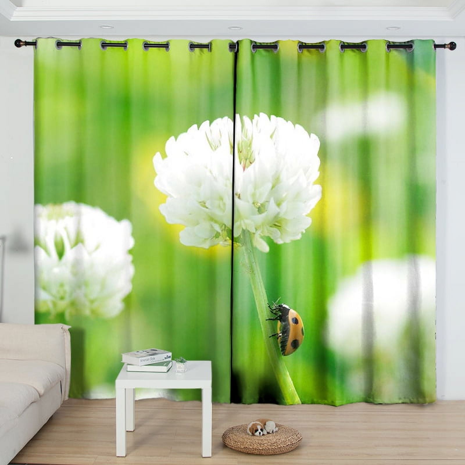2Panel Eye Protection Green Plant Semi-blackout Print Short Curtain ...