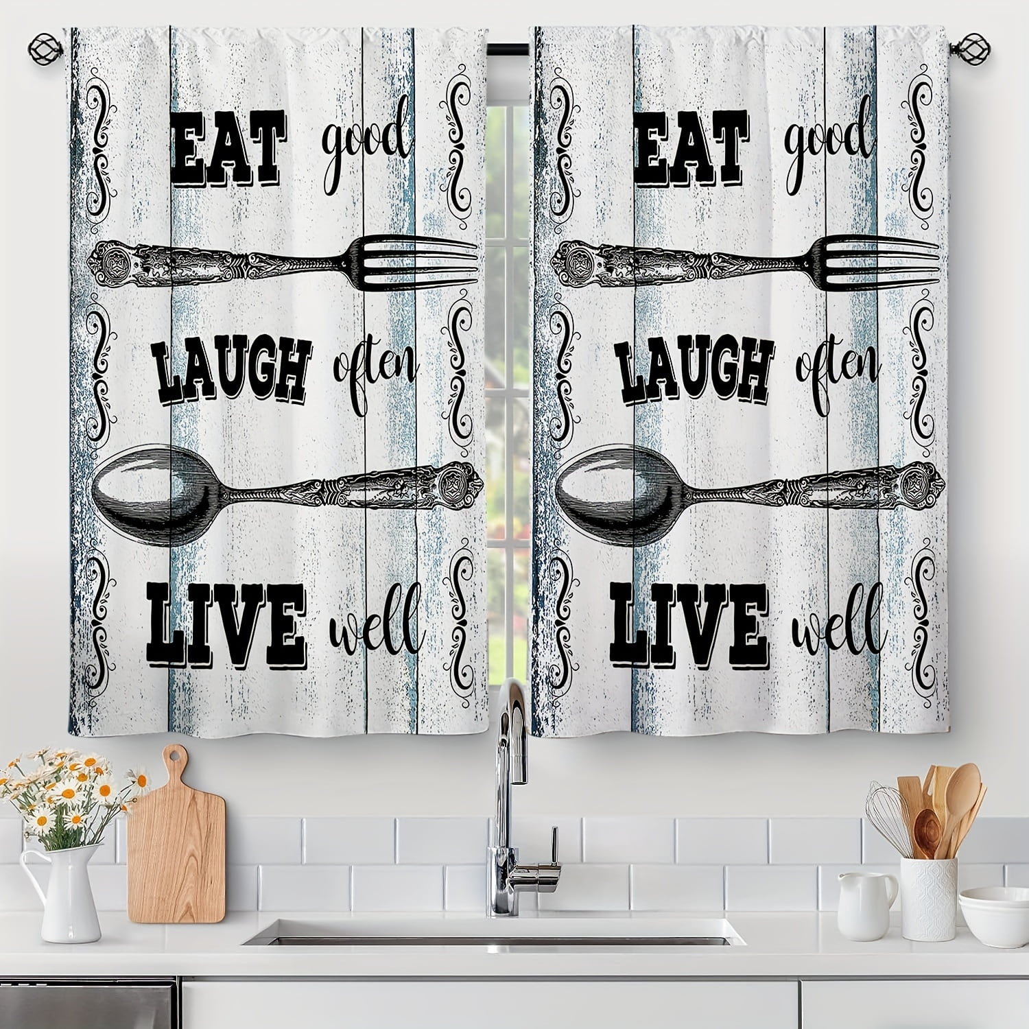 2Panel Kitchen Curtains Coffee Spoon Vegetable Print Curtains for ...