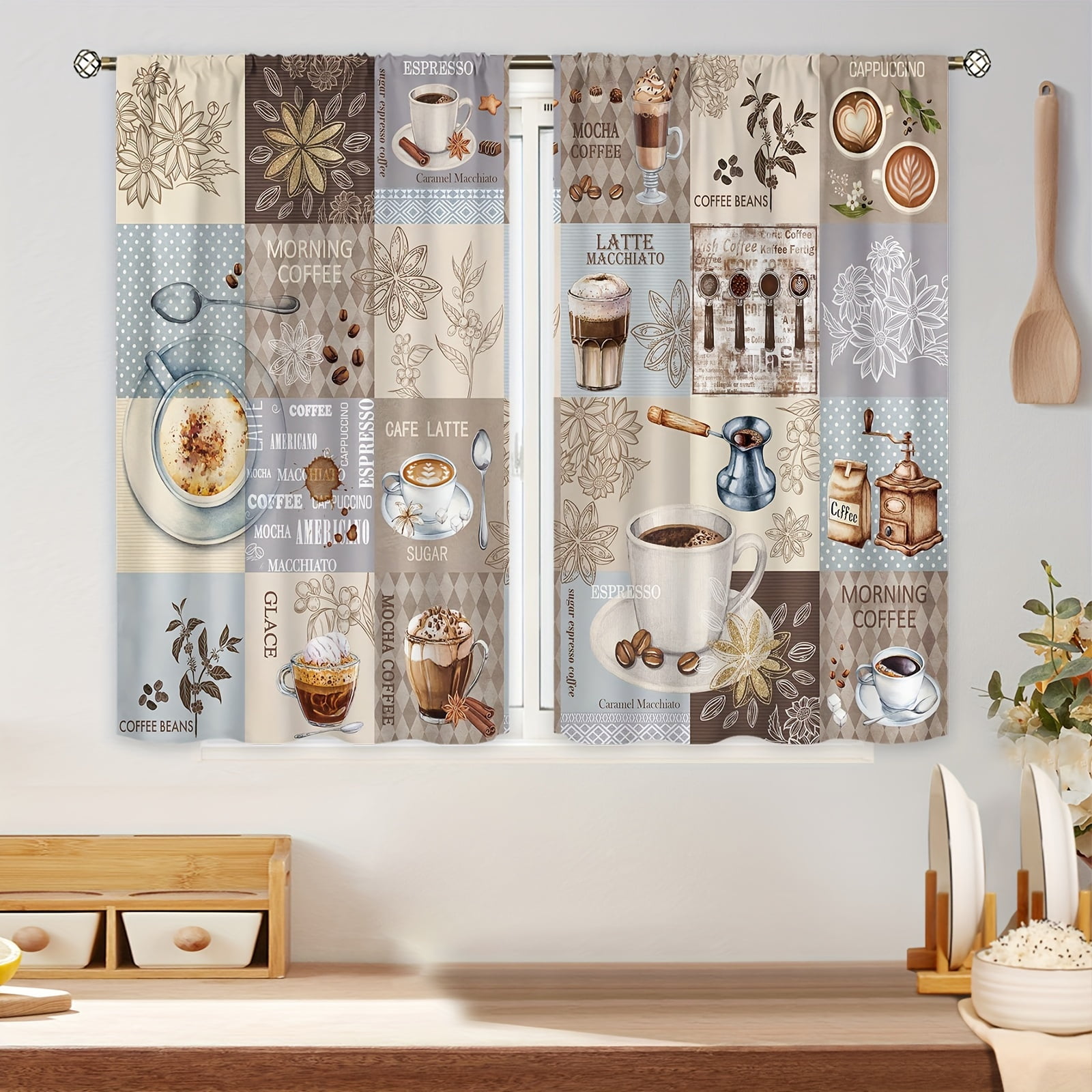 2Panel Kitchen Curtains Coffee Spoon Vegetable Print Curtains for ...