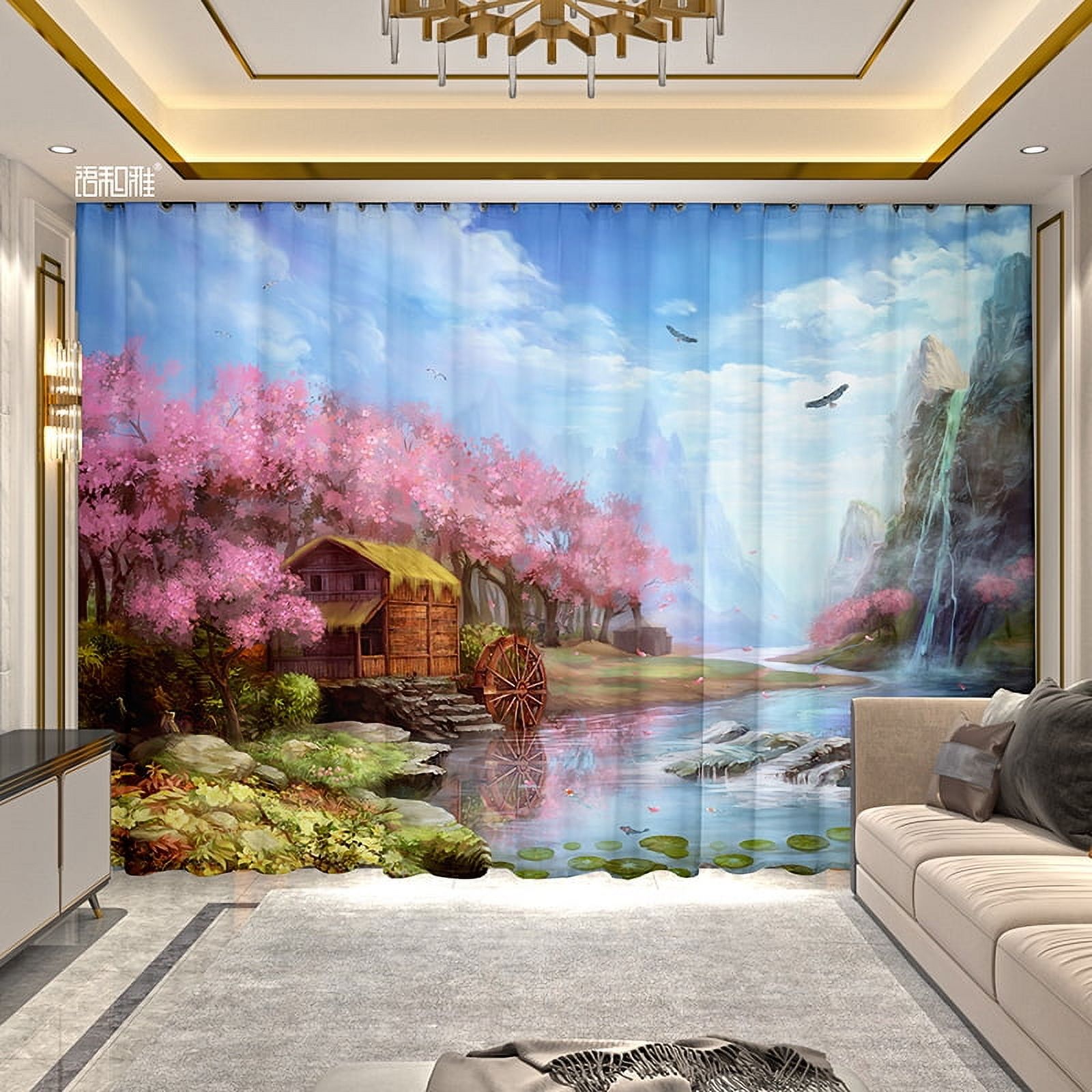 2Panel Peach Blossom Landscape Painting Curtain Chinese Curtain for ...
