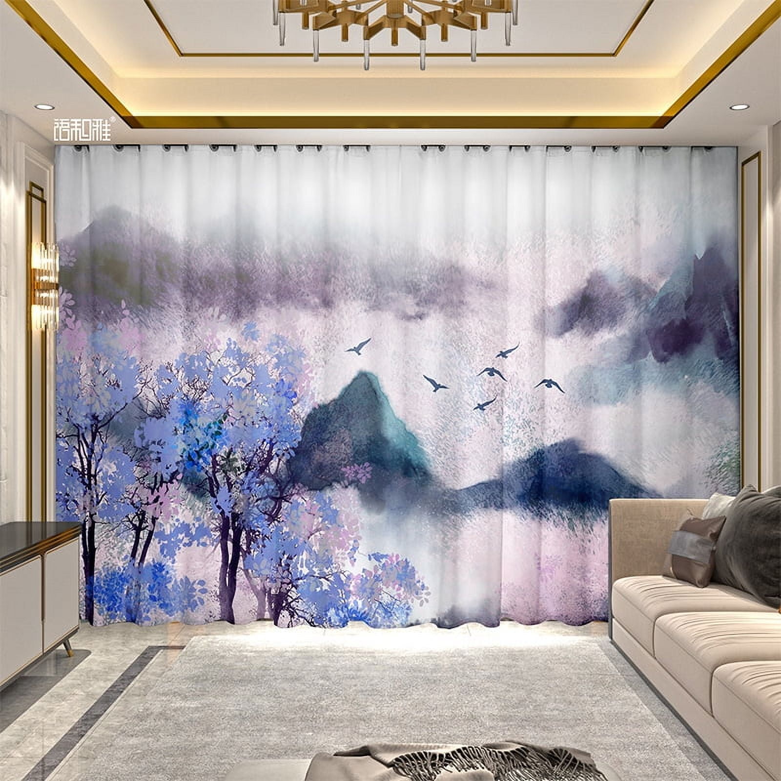 2Panel Peach Blossom Landscape Painting Curtain Chinese Curtain for ...