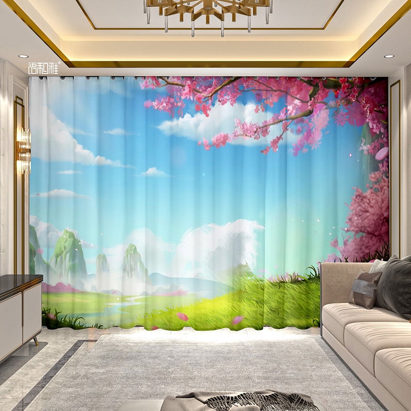 2Panel Peach Blossom Landscape Painting Curtain Chinese Curtain for ...