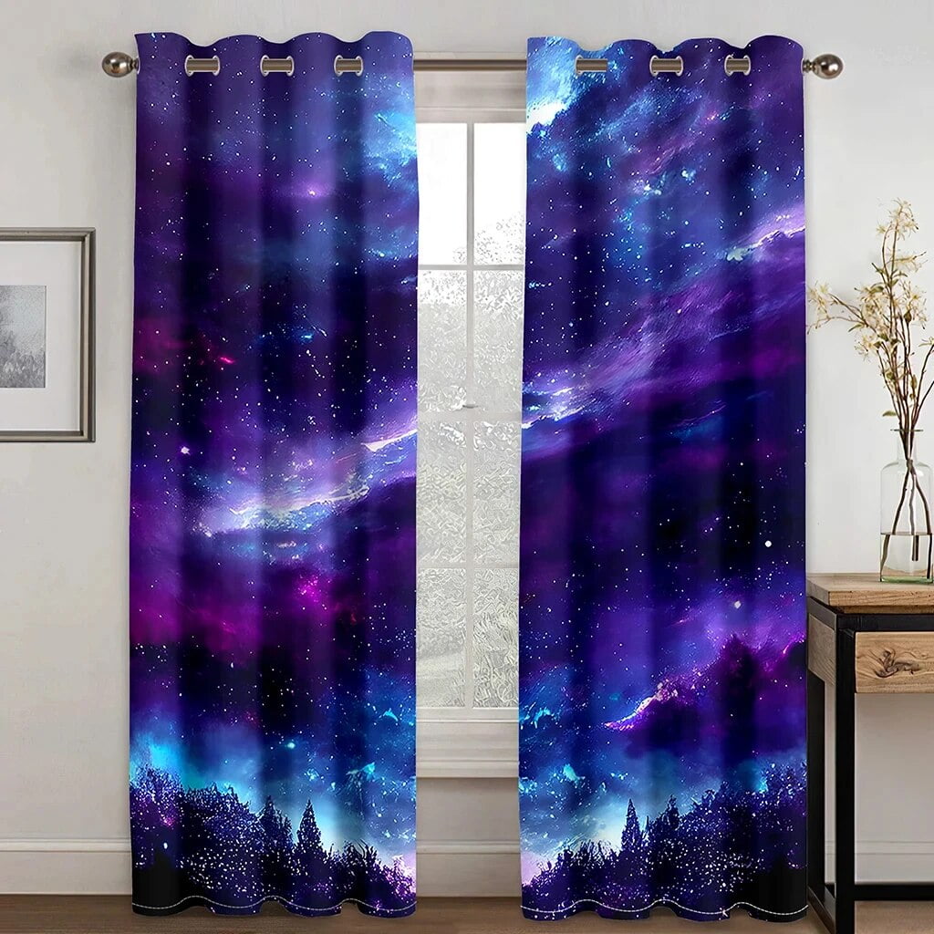 2Panel Starry Night Curtain Aurora Moon Printed Curtain for Bedroom ...