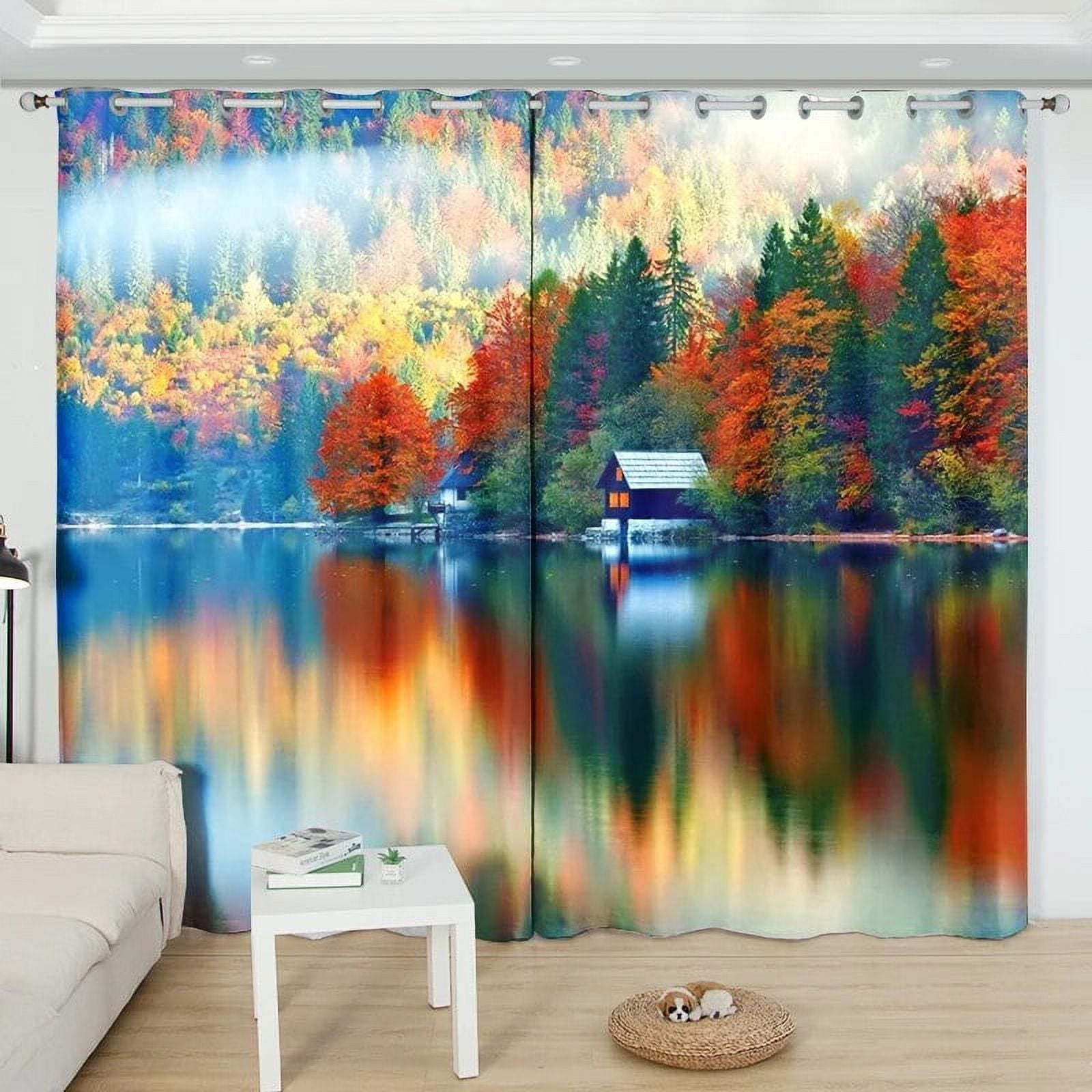 2Panel Tourist Landscape Curtains Green Tree Blue Sea Printed Curtains ...