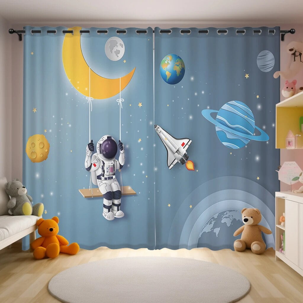 2Panels Cartoon Curtains Cute Astronaut Rocket Moon Planet Printed ...