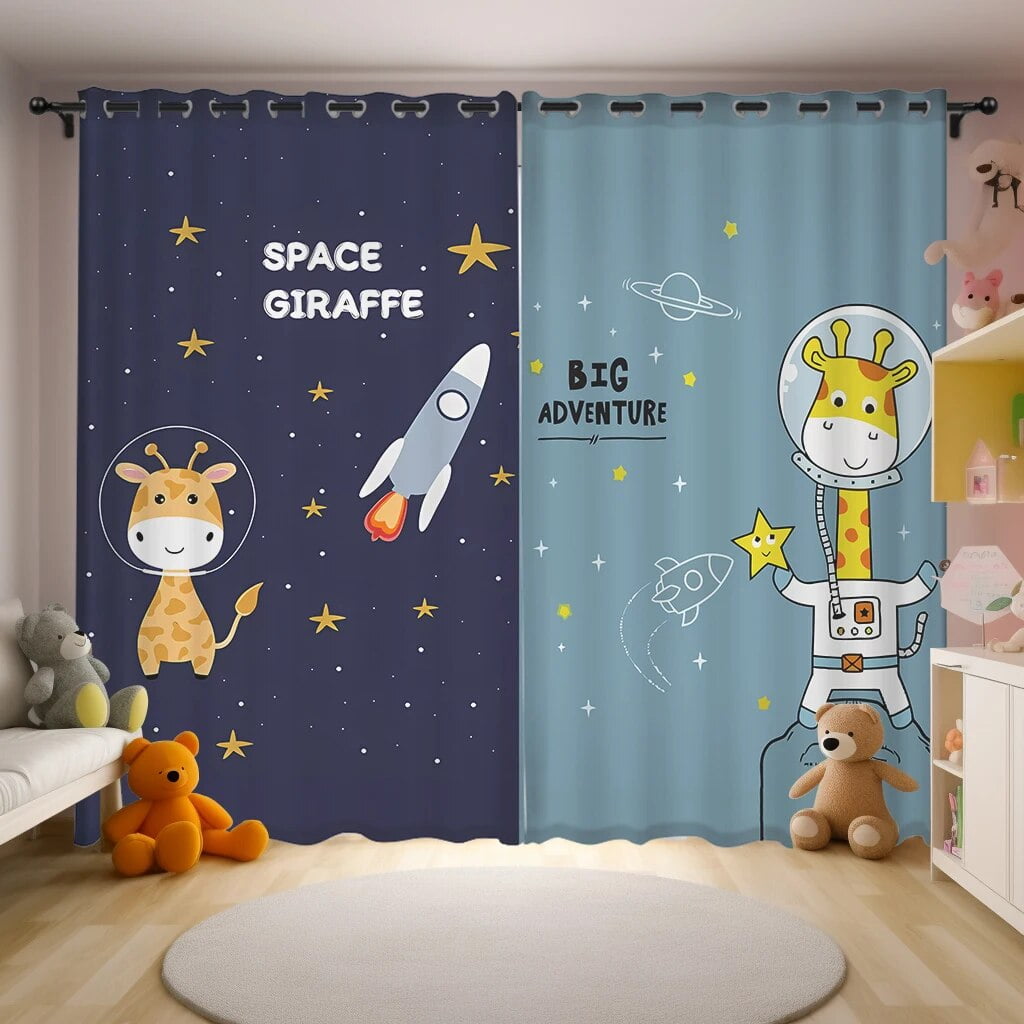 2Panels Cartoon Curtains Cute Astronaut Rocket Moon Planet Printed ...