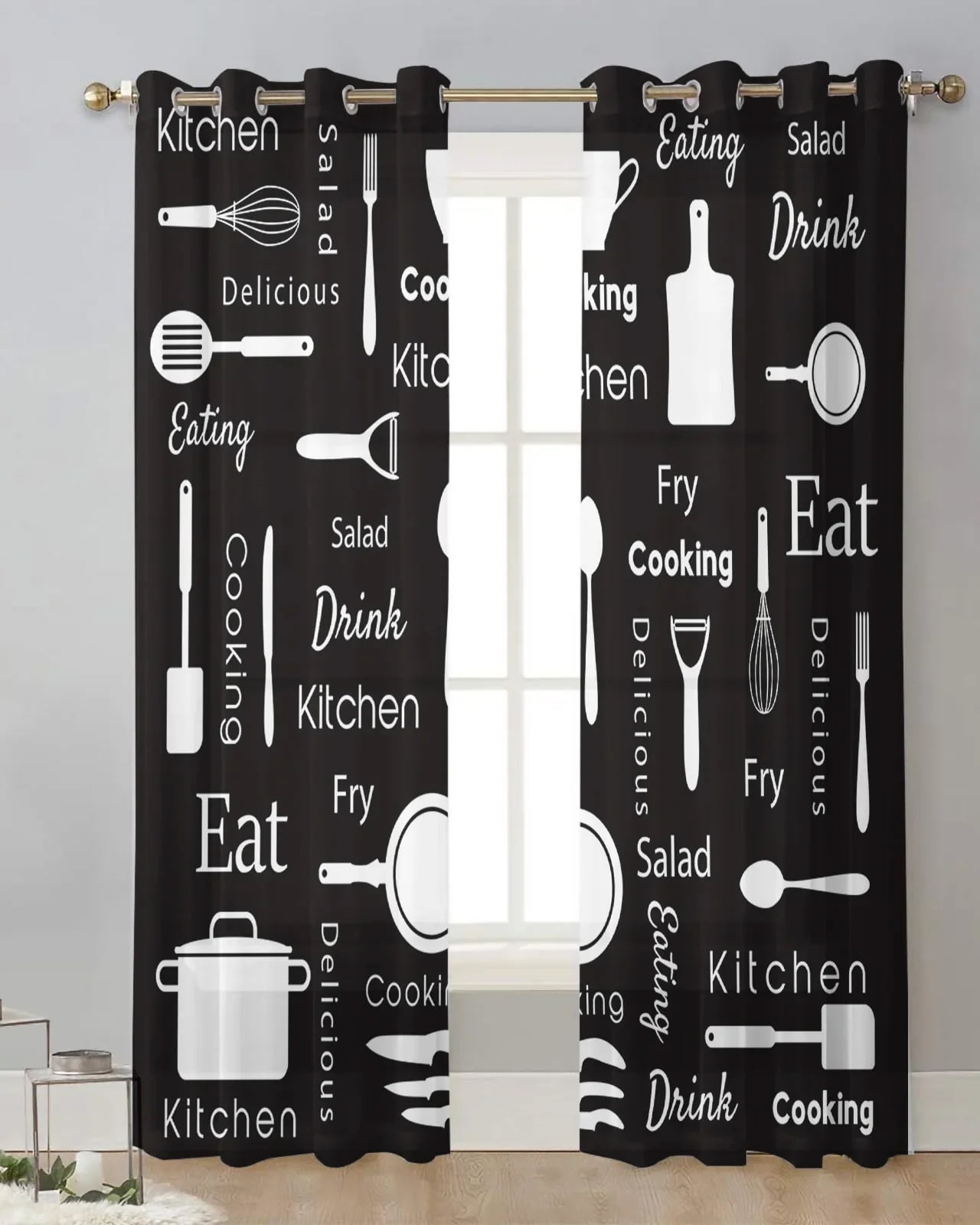 2Panels Chiffon Sheer Curtain Kitchen Curtain Kitchenware Chef Print ...