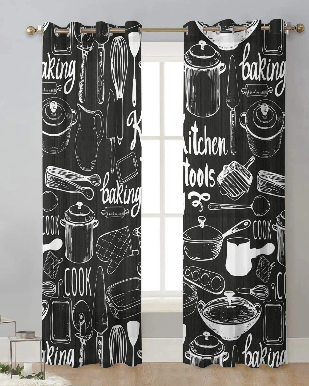 2Panels Chiffon Sheer Curtain Kitchen Curtain Kitchenware Chef Print ...