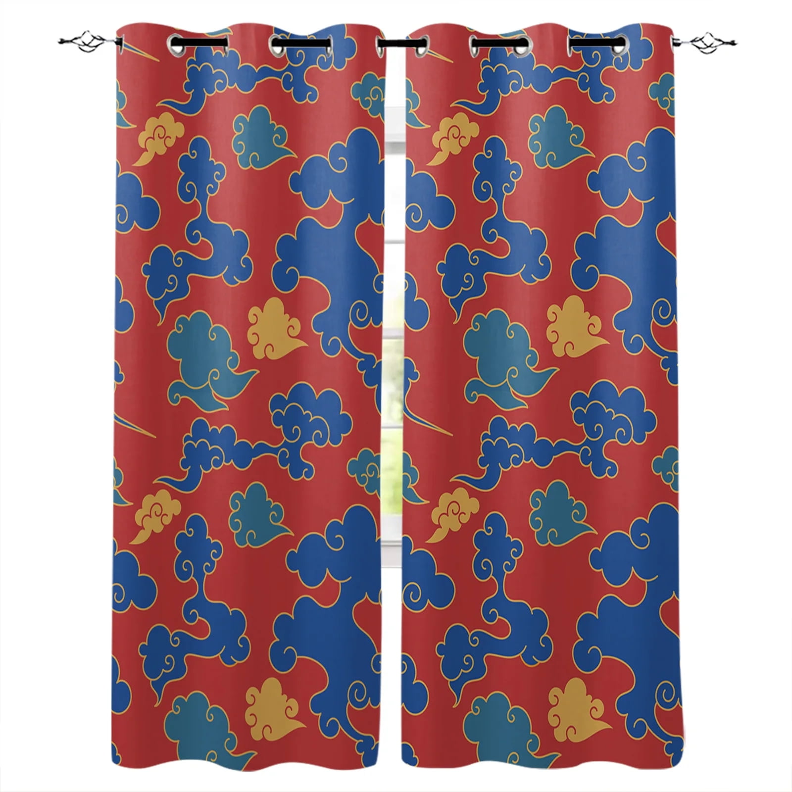 2Panels Red Auspicious Cloud Black Background Printed Window Curtains ...