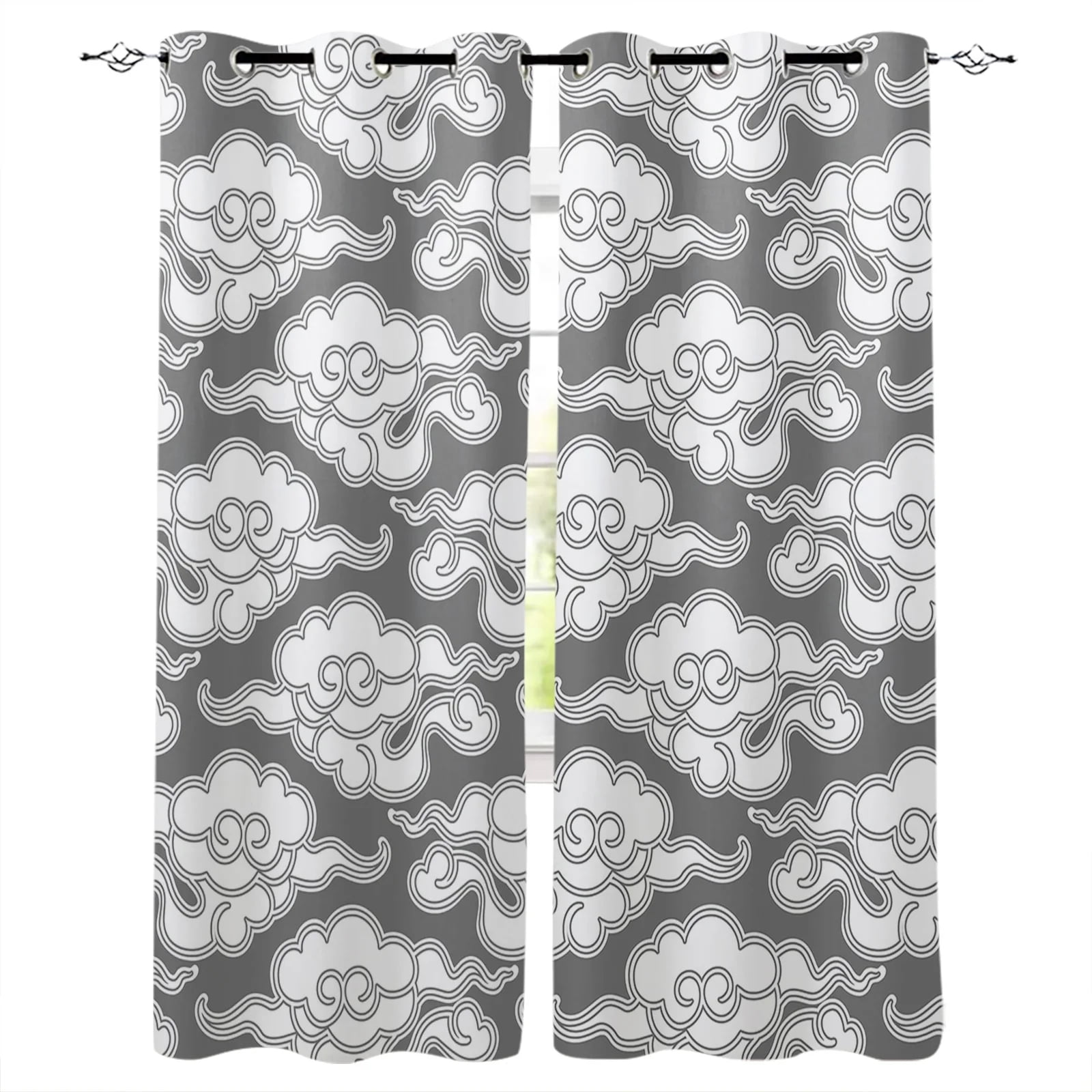 2Panels Red Auspicious Cloud Black Background Printed Window Curtains ...