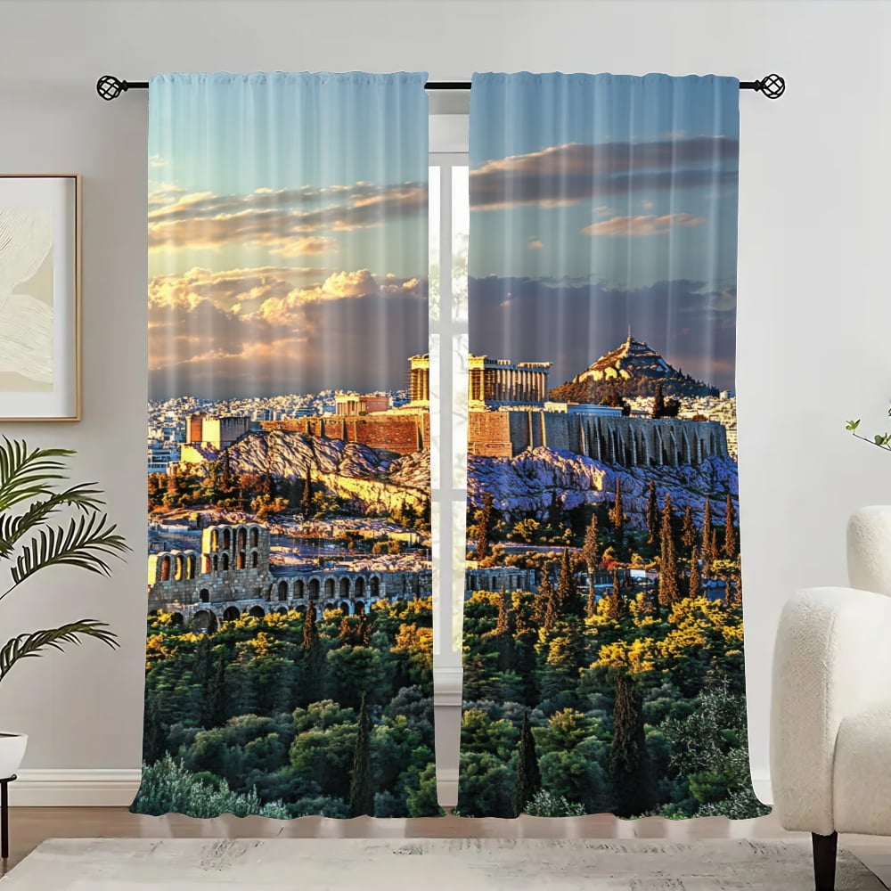 2Pc Acropolis Of Athens Sunset Curtains Ancient Greece Parthenon Temple ...