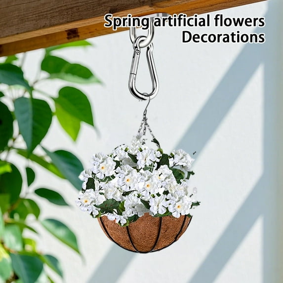 2Pc Artificial Hanging Flower Baskets With White Spring Blooms - 8 Inch ...
