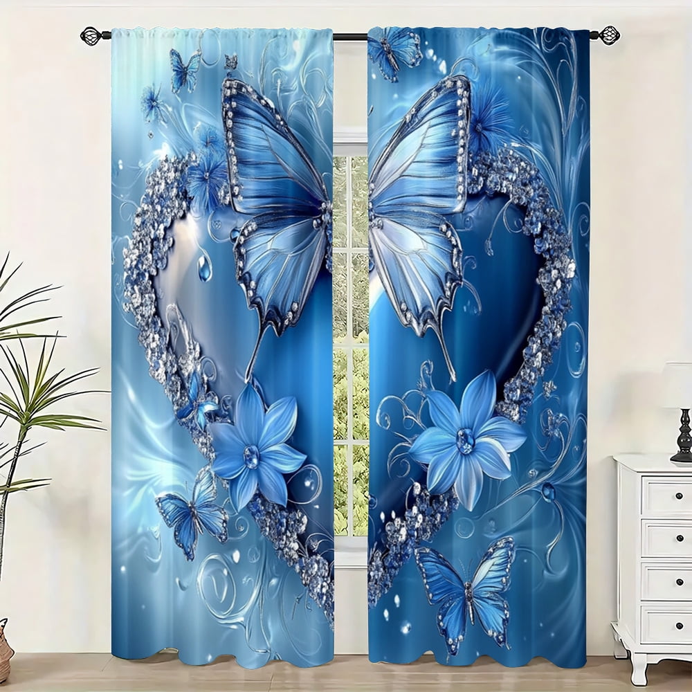 2Pc Blue Heart Butterfly Curtain With Rod Hole Curtain Perfect For ...