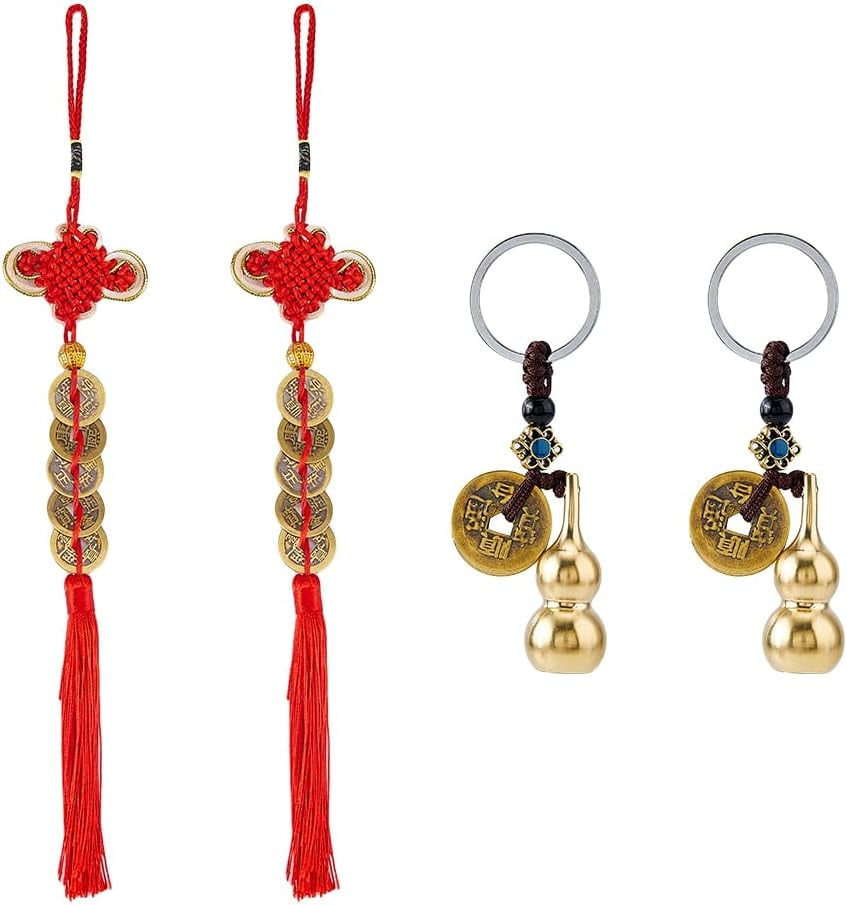 2Pc Chinese Knot Coins with 2Pc Brass Wu Lou Gourd Keychain Traditional ...