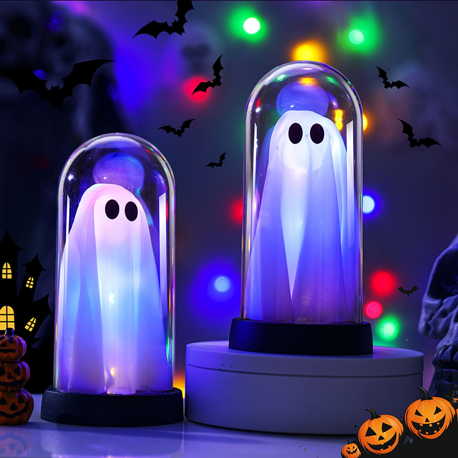 👻2Pc Ghost Glass Display Cloche,Halloween Light Up Ghost In Glass ...