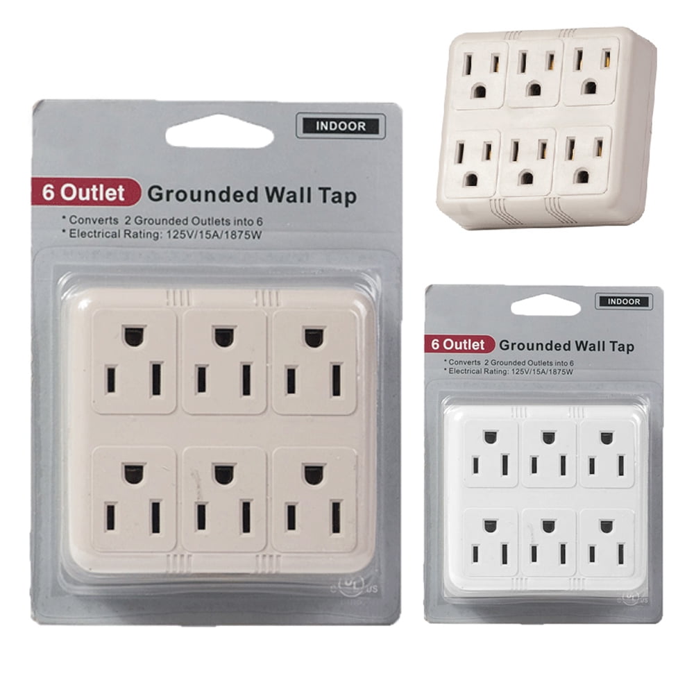 2Pc Grounded Wall Outlet Tap AC 125V Power Adapter Electrical 6 Way ...