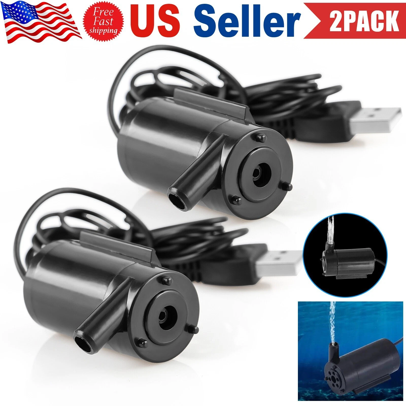 2Pc Mini Water Pump Small Mute Submersible 1 M Usb Cable Garden Home ...
