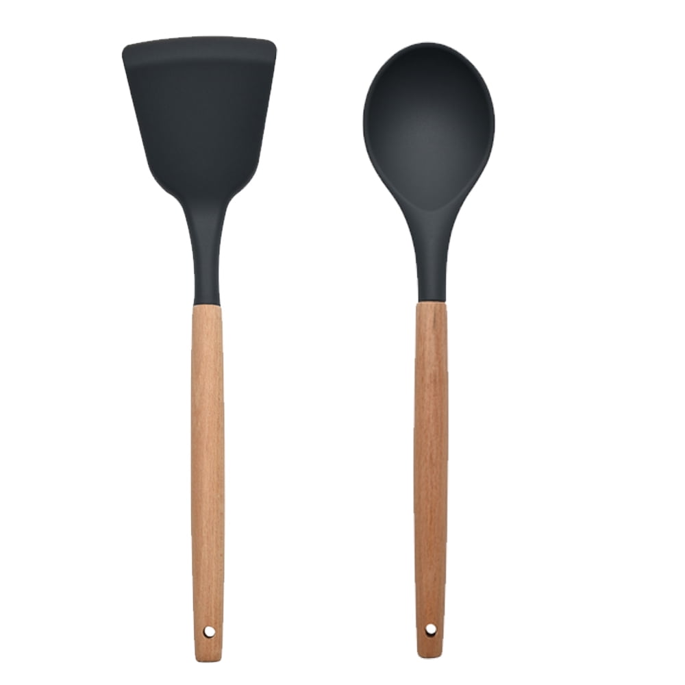 2Pc Non Stick Silicone Utensil Set with Rounded Wood Handles for ...