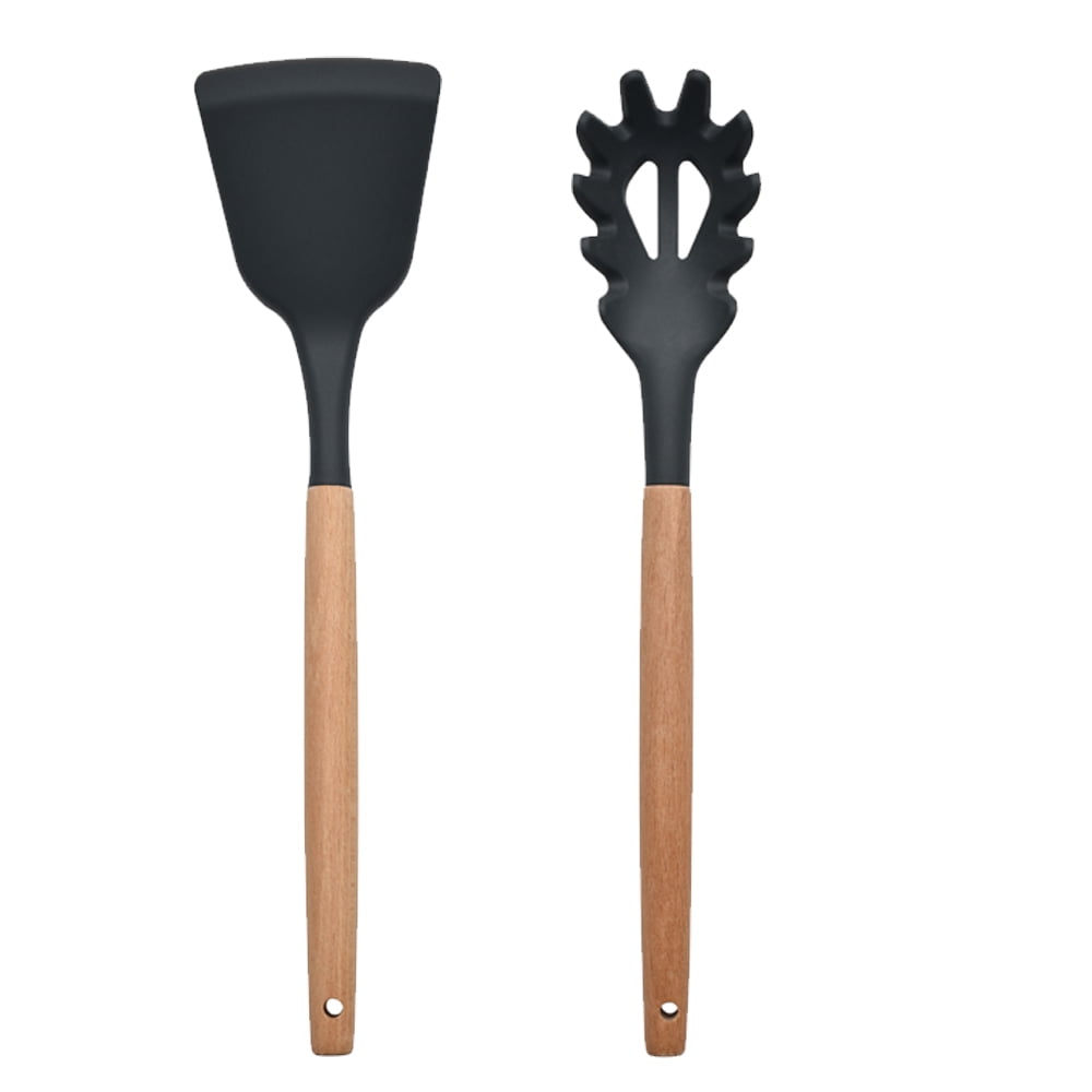 2Pc Non Stick Silicone Utensil Set with Rounded Wood Handles for ...