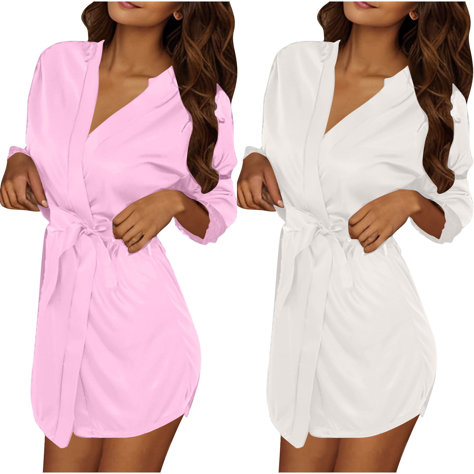 2Pc Women's Silk Sleepwear Robes Casual Solid Color Long Sleeves Lace ...