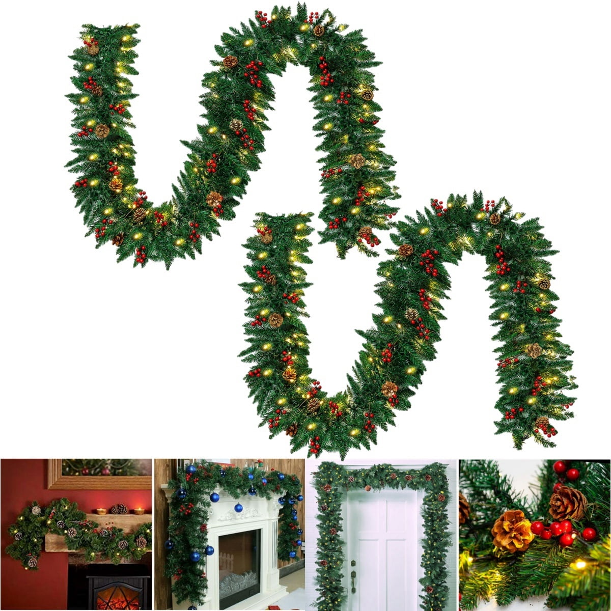 2Pcs 10ft Christmas Garland with Berries & Cones, Built-in Timer and ...