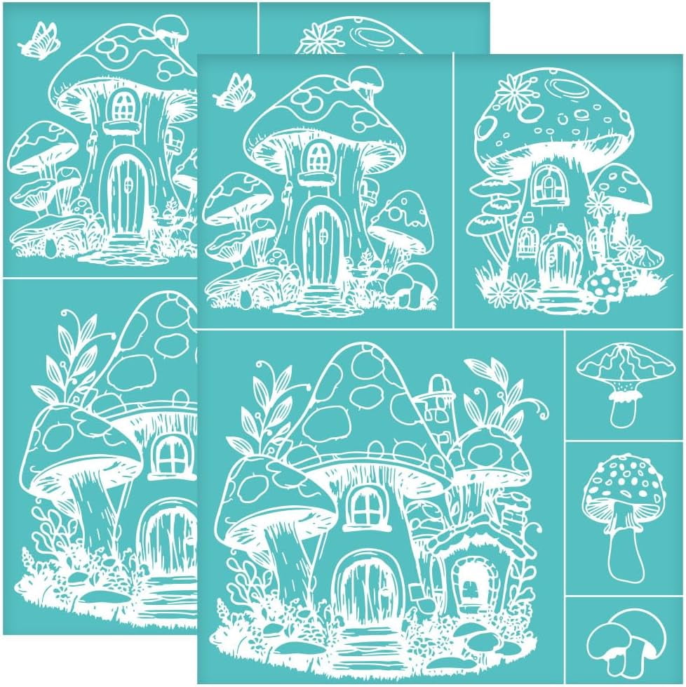 2Pcs 11x8.6 Inch Mushroom House Silk Screen Stencil Mushroom Pattern Self-Adhesive Silk Screen ...