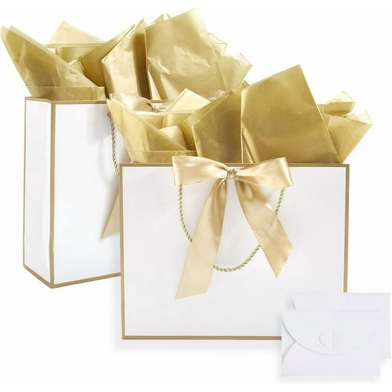 2Pcs 12.6 x 3.9 x 9.8 Inch White and Gold Gift Bags Present Paper Bags ...