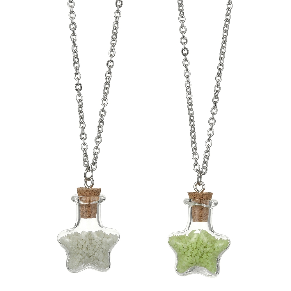 2Pcs 2 Color Luminous Glass Star Bottle Pendant Necklace with 304 ...