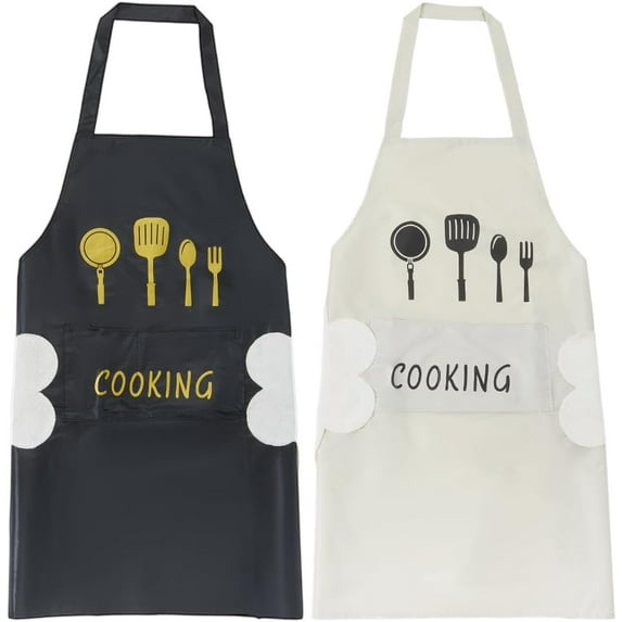 2Pcs 2 Colors Black White Cooking Apron with 2 Pockets Plastic Cute ...