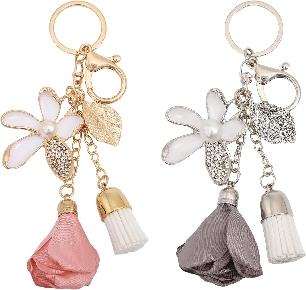 2Pcs 2 Colors Flower Keychain Rhinestone Tassel Leaf Key Ring for Women ...