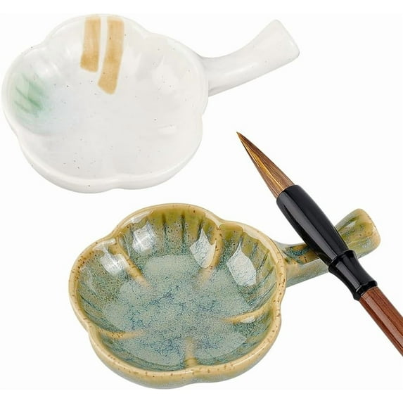 2Pcs 2 Colors Flower Shape Ceramics Ink Plate with Handle Porcelain ...
