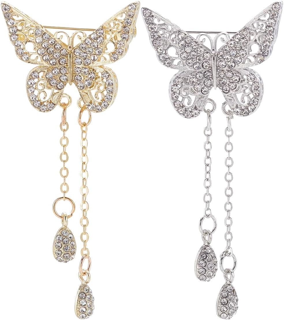 2Pcs 2 Colors Hollow Butterfly Brooch Pin with Pendant Butterfly Lapel ...