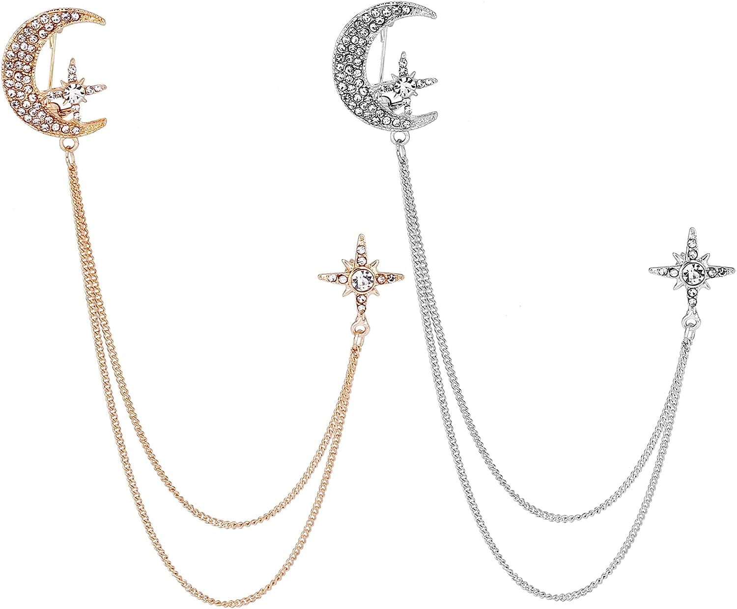 2Pcs 2 Colors Moon and Star Rhinestone Brooch with Hanging Safety Chain ...