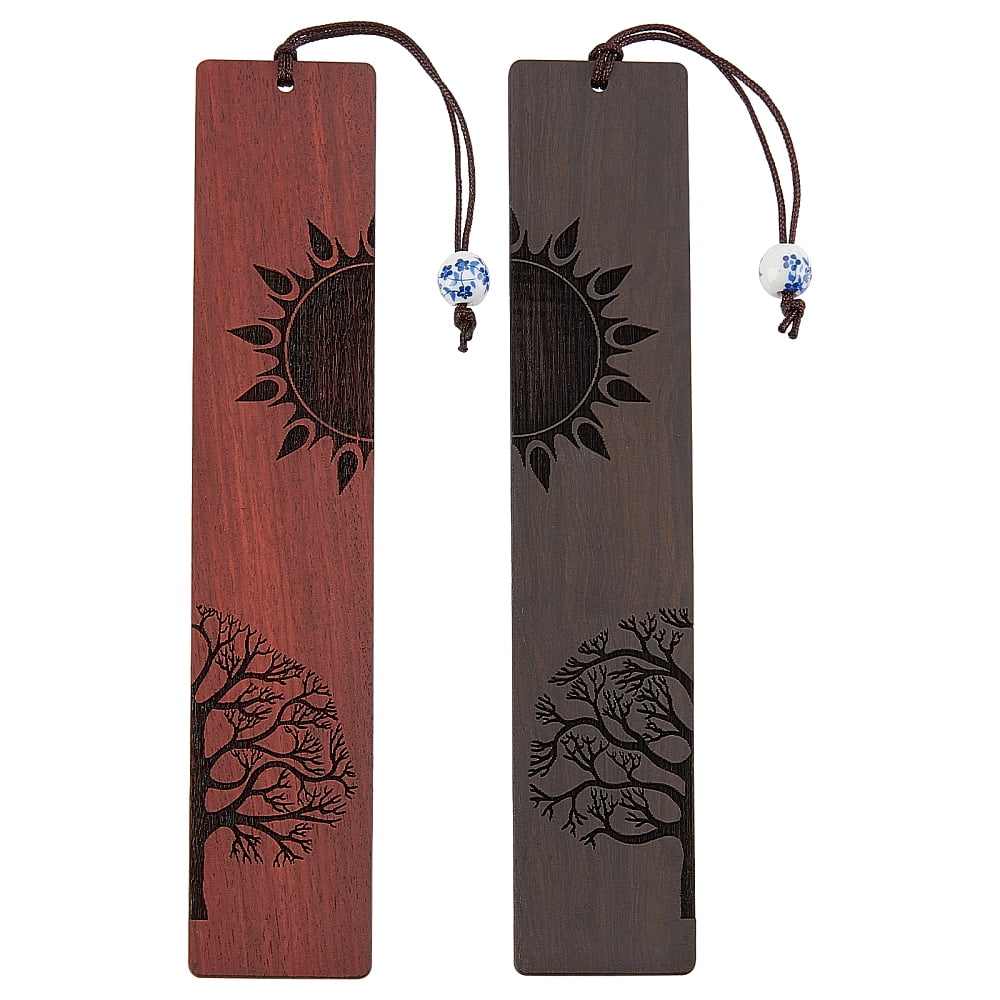 2Pcs 2 Colors Wood Bookmarks with Porcelain Beads Rectangle with Sun ...