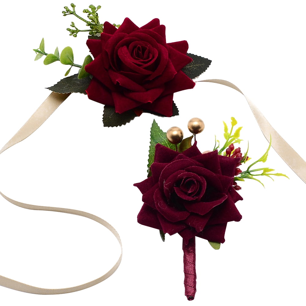 2Pcs 2 Style Rose Flower Silk Wrist and Flower Silk Brooch Sets for ...