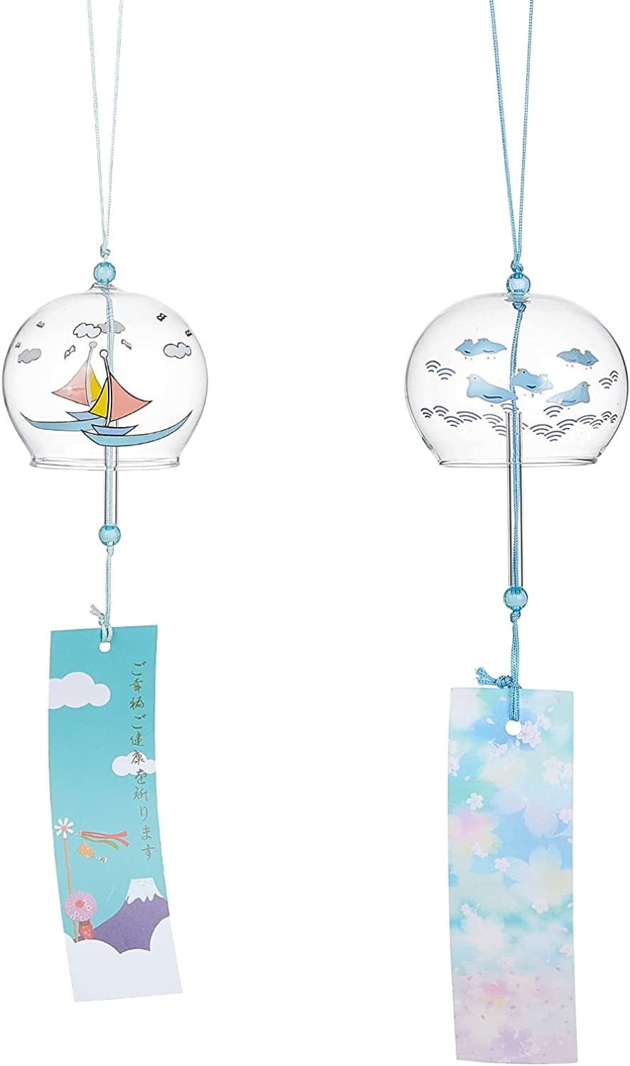 2Pcs 2 Styles Boat Bird Pattern Glass Wind Chime with Blue Polyester ...