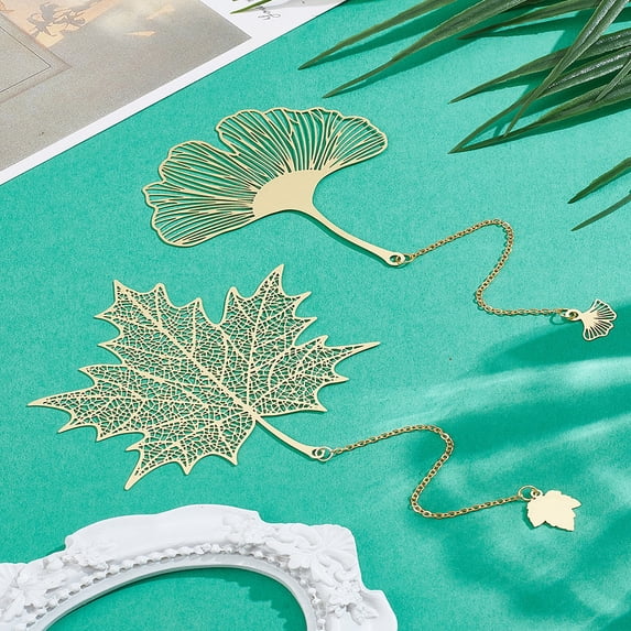 2Pcs 2 Styles Brass Bookmarks with Chain Maple Leaf/Ginkgo Leaf Golden ...