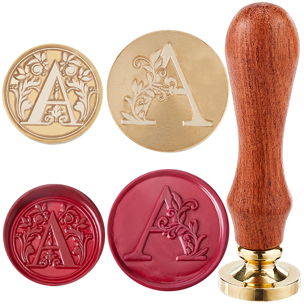 2Pcs 2 Styles Golden Tone Brass Seal Stamp Head with 1Pc Pear Wood ...