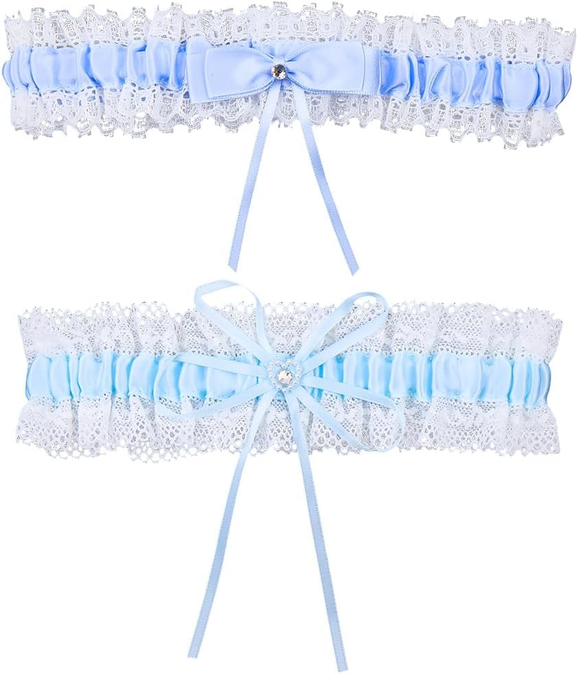 2Pcs 2 Styles Light Blue Thigh Elastic Garter Lace Trim Belt Bowknot ...