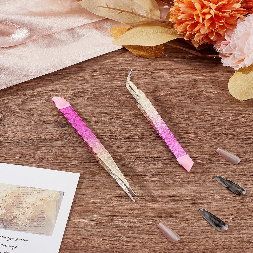2Pcs 2 Styles Nail Art Tweezers Straight Curved Tip Tweezers for Nail ...