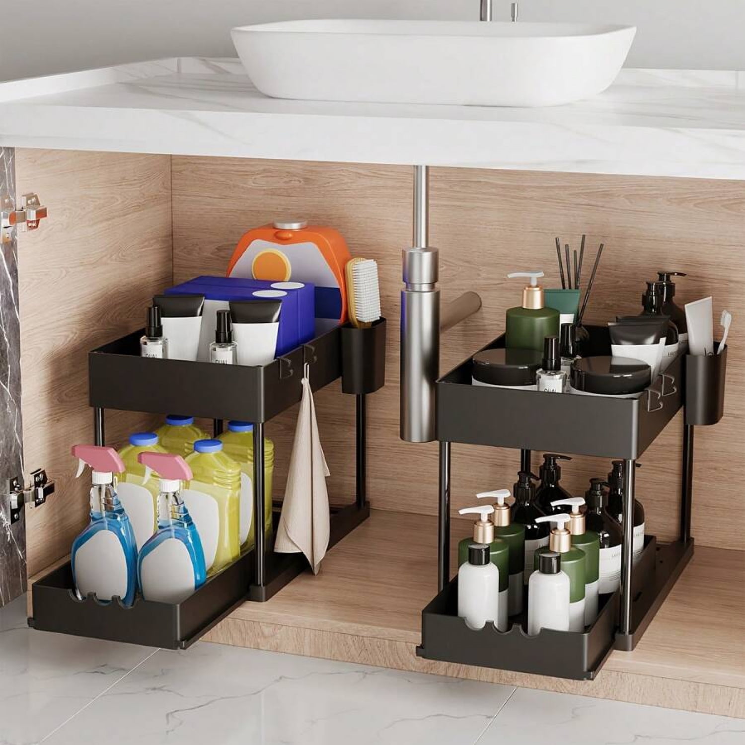 2Pcs 2-Tier Sliding Cabinet Organizer, Multifunctional Drawer Pull Type ...